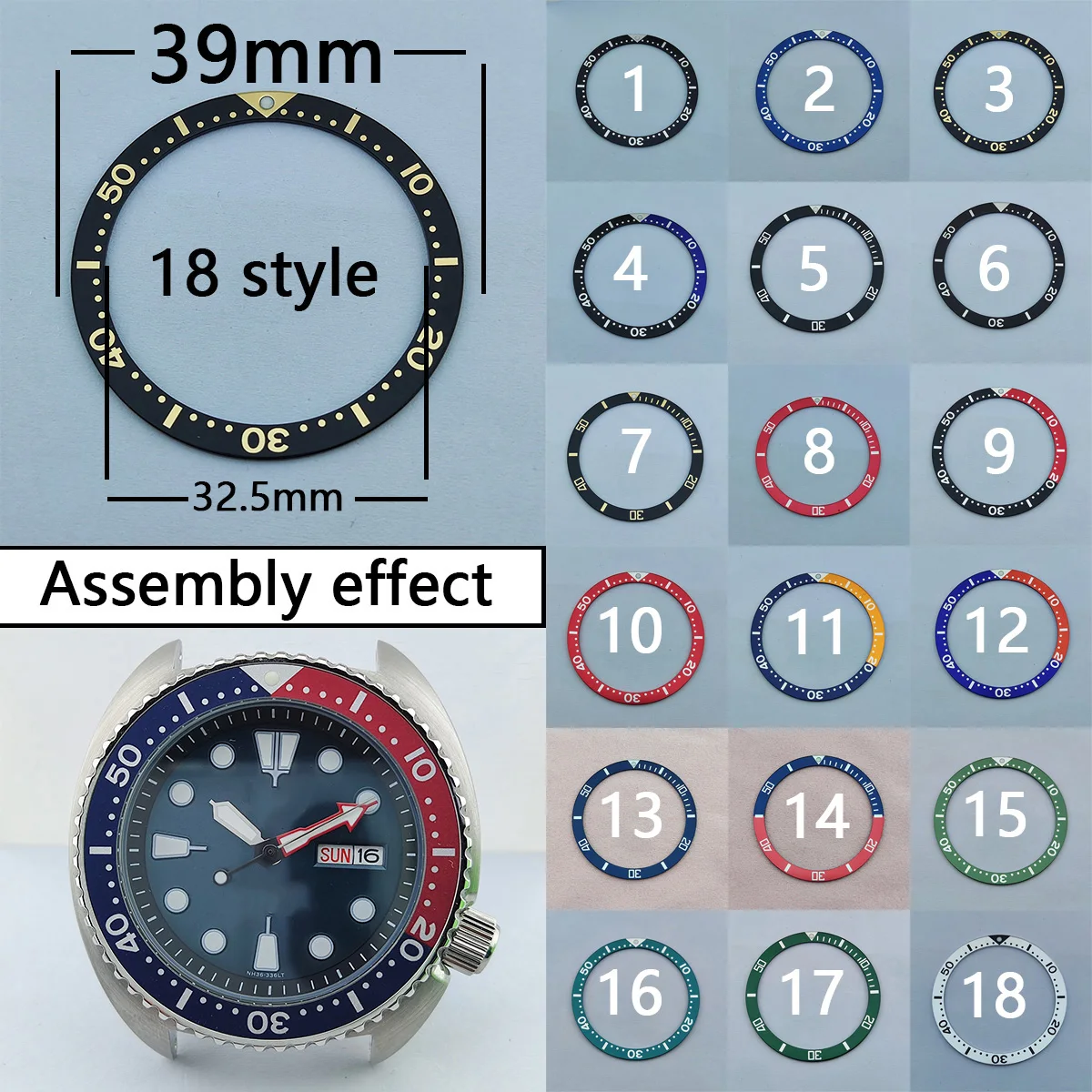Flat aluminum nh35 Bezel Insert 39mm*32.5mm skx007 skx009 watch insert ...