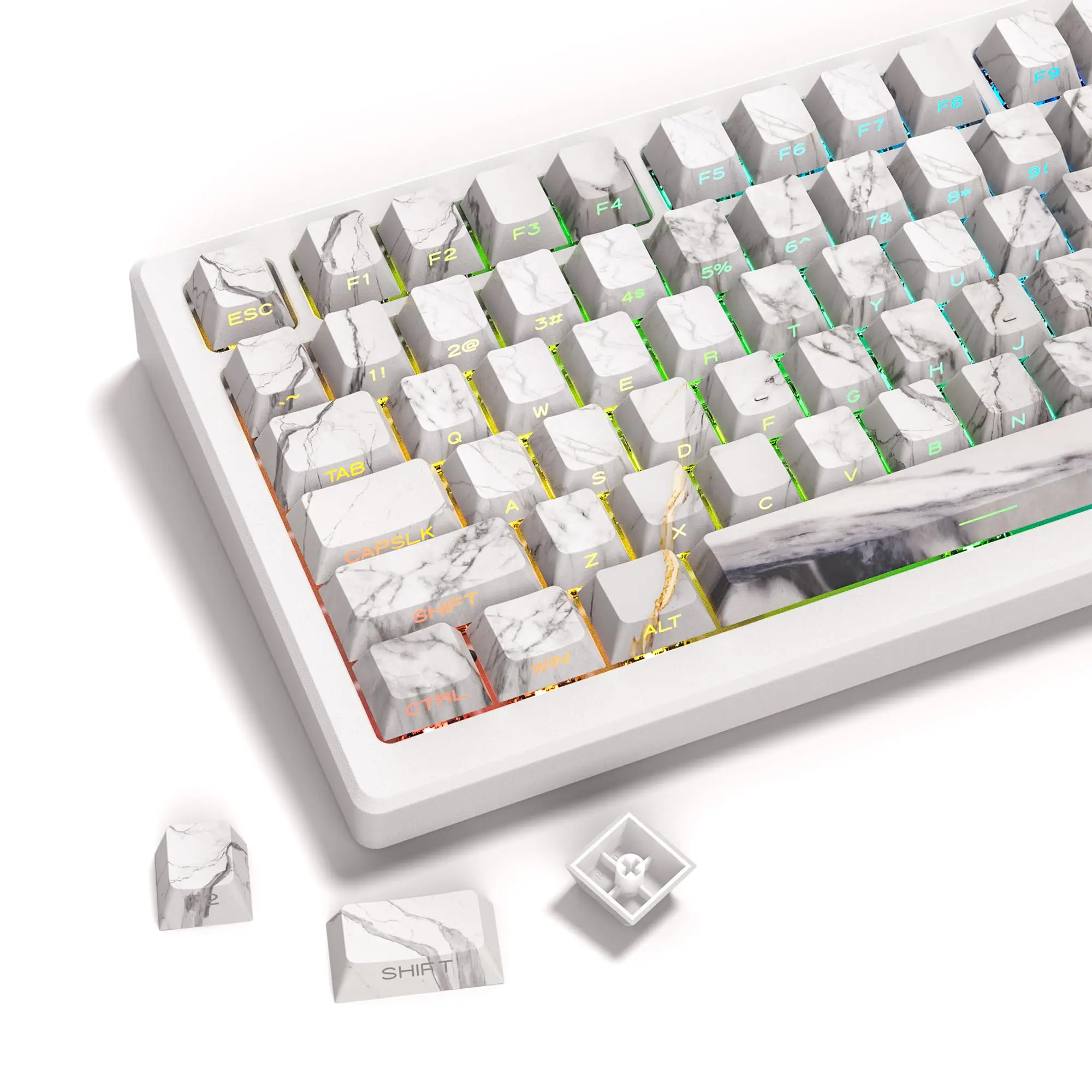 White-Marble-Double-Shot-Shine-Through-PBT-Keycaps-136-Keys-Dye-Sub ...
