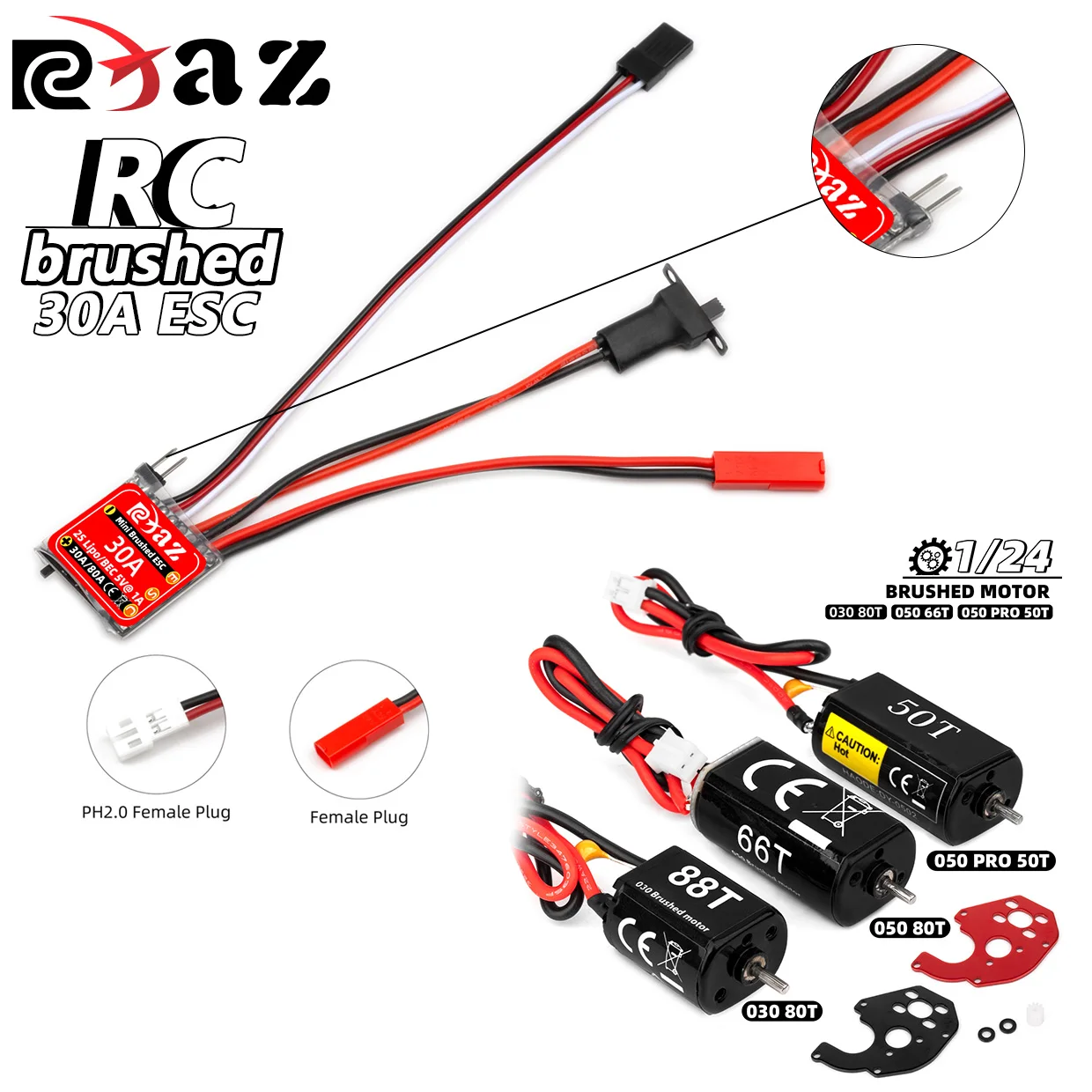 RCXAZ RC ESC Mini 30A Brushed ESC Combo with 030 050 Brushed Motor for ...