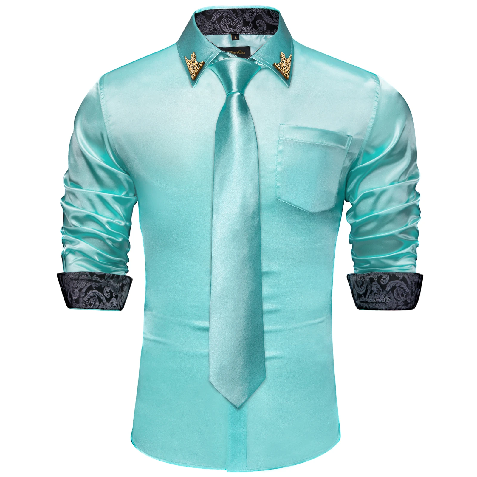 Cyan Blue Men Shirt Hanky Tie Wedding Suit Party Shirts For Men Spring ...