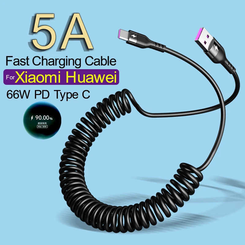 66W-5A-USB-To-Type-C-Stretch-Spring-Car-Charger-Cable-Fast-Charging ...
