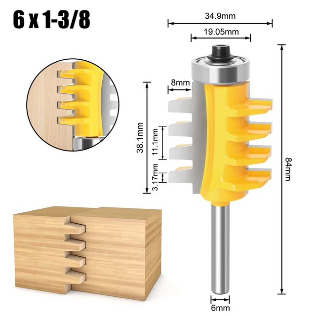 6mm/8mm 1/4" Shank Rail Reversible Finger Joint Glue Router Bit Wood ...
