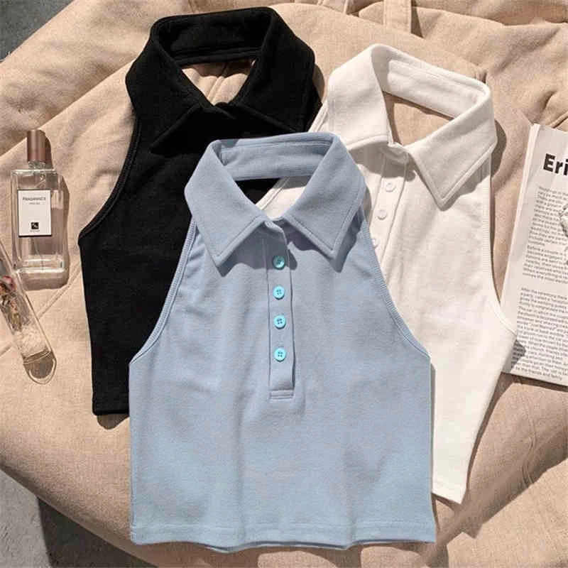 Sexy Crop Tops Polo Collar Halter Tank Top Women Summer Camis Backless ...