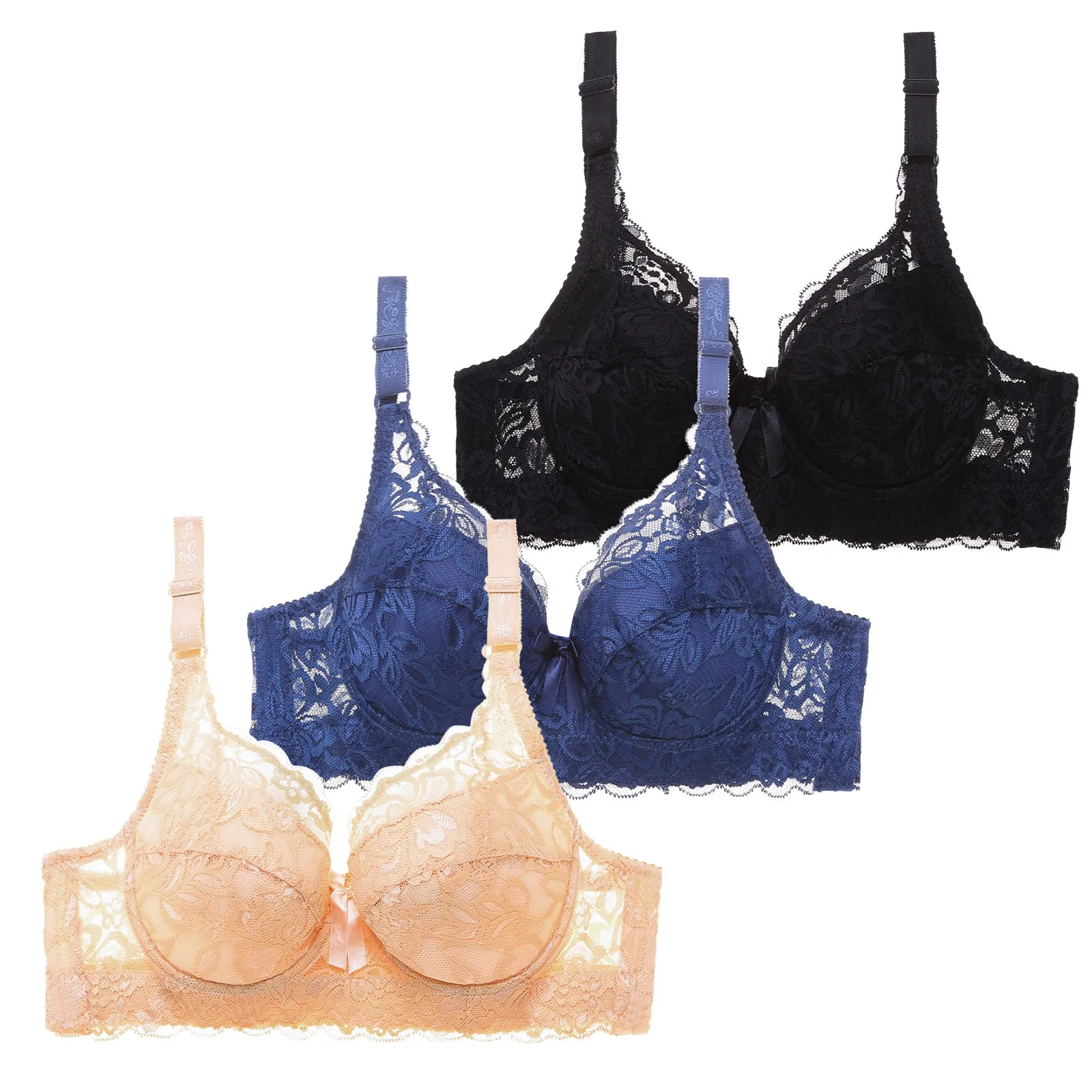 3PCS Push Up Padded Bras For Women Plus Size Lace Bra Sexy Lingerie ...
