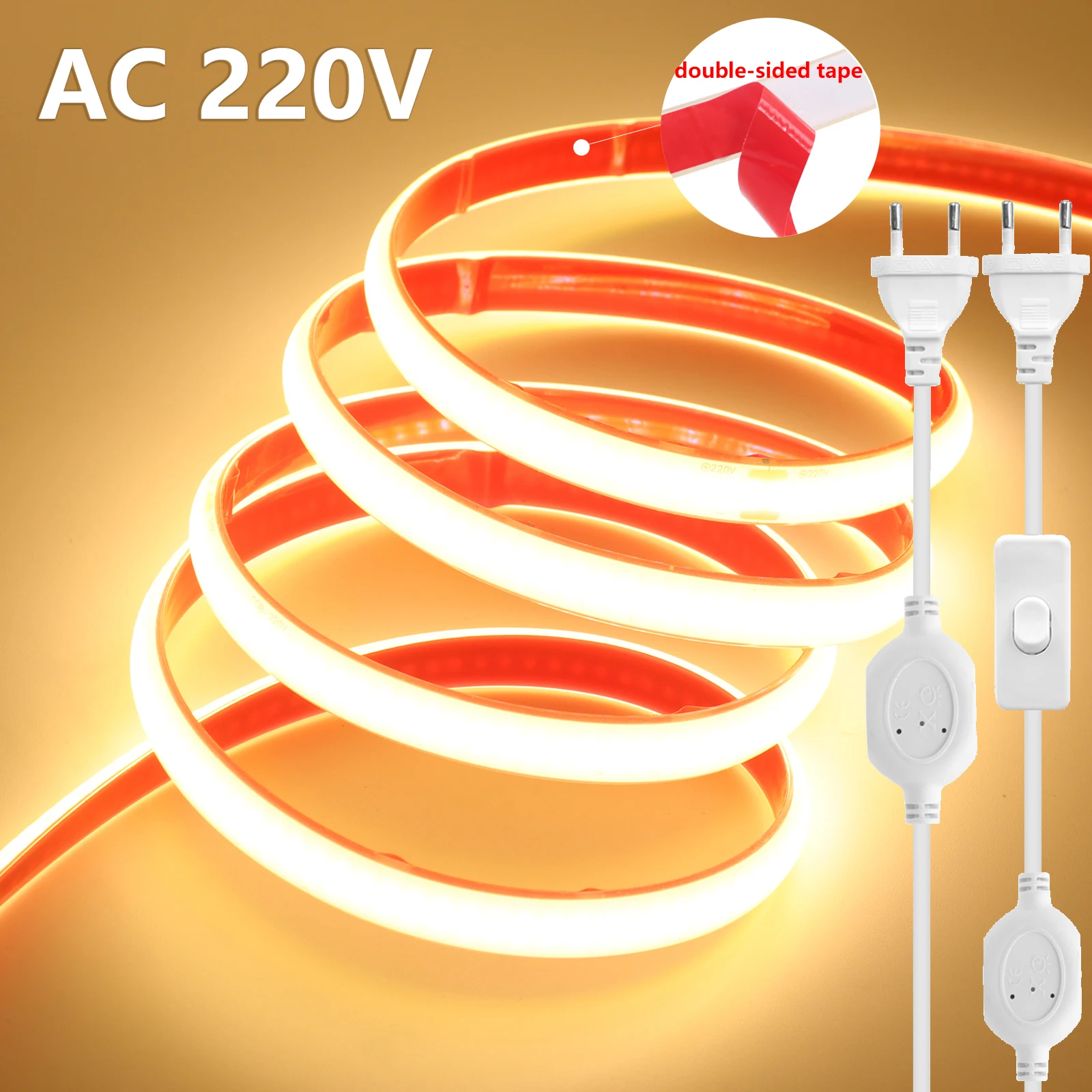 220V COB LED Strip 0.5m 10m 20m 35m Adhesive LED Strip with Switch and ...