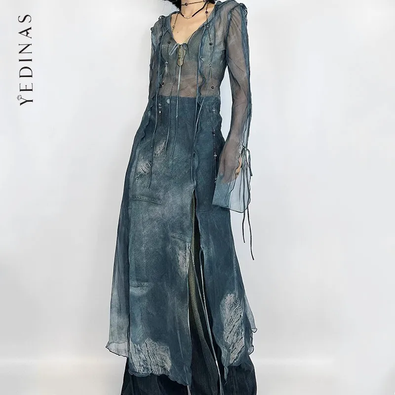 Yedinas-Sexy-See-Through-Dress-Women-Mesh-Blue-Korean-Fashion-Vintage ...