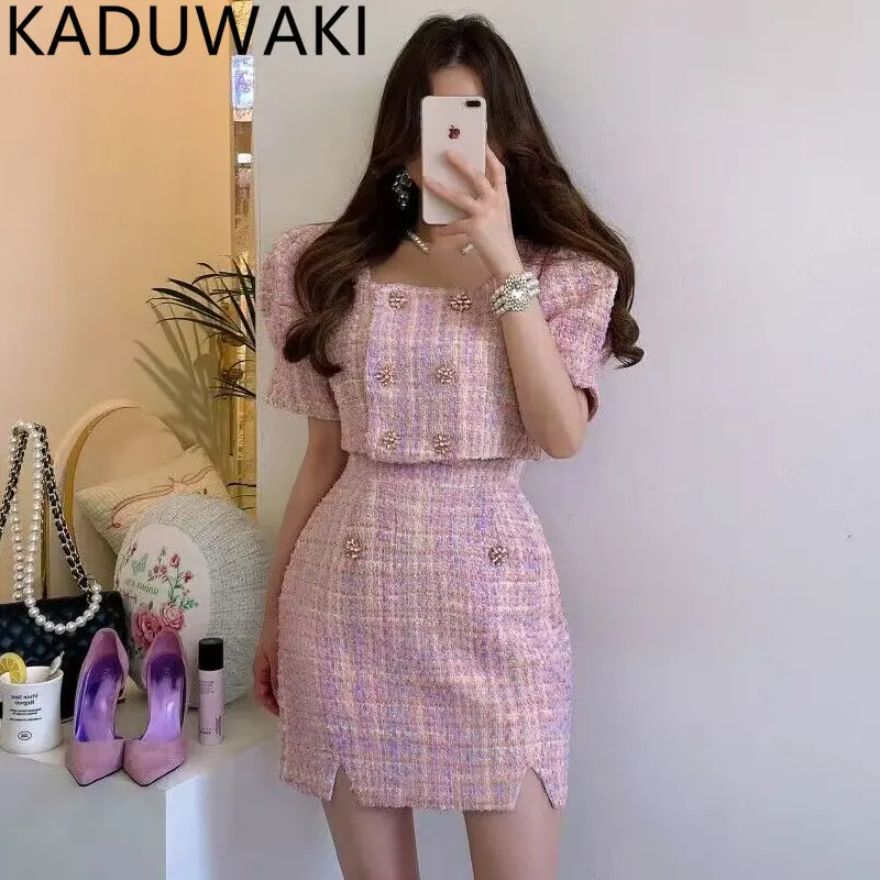 Elegant Square Neck Puff Sleeve Tweed Coat Women Spring Summer 2026 ...
