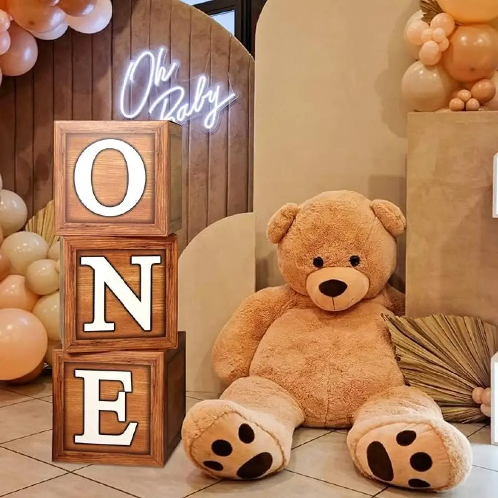 1Set First Birthday Balloons Boxes 3Pcs Wood Grain Blocks ONE Letters ...