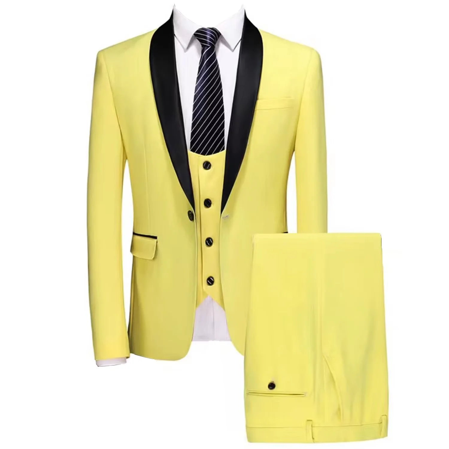 Three piece set of yellow men's tailcoat, diagonal collar suit, solid ...