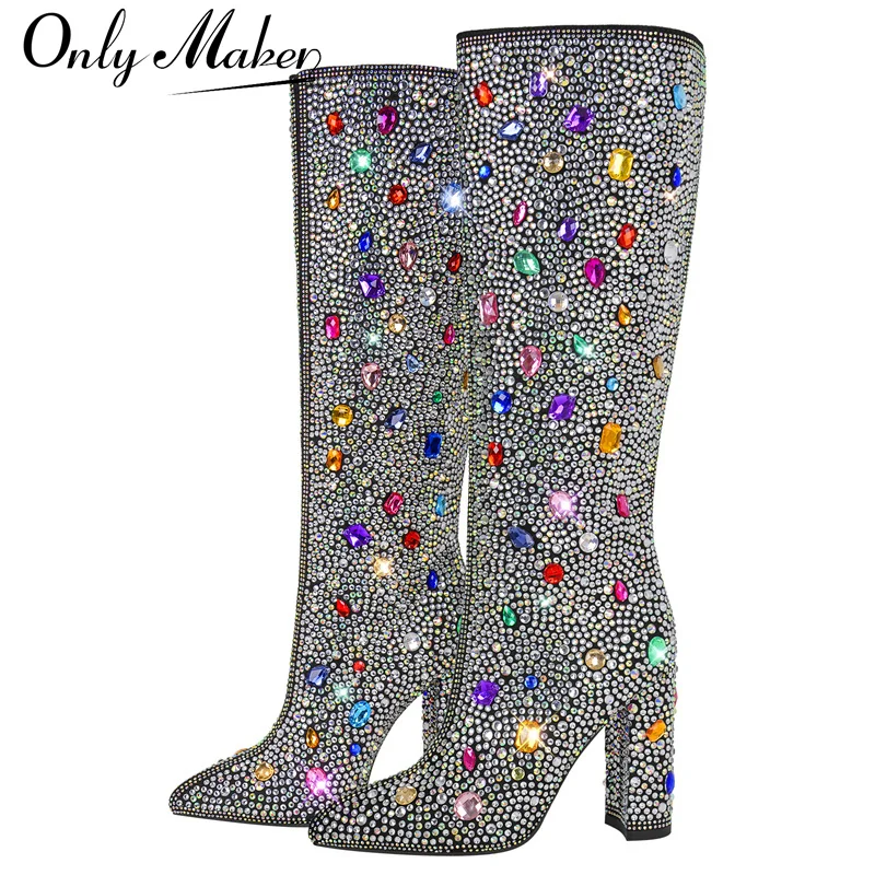 Onlymaker-Women-Rhinestone-Pointed-Toe-Knee-High-Boots-Block-Heel ...
