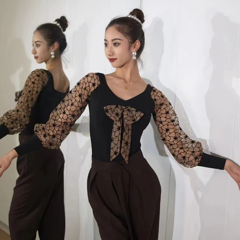 Ballroom-Dance-Tops-Women-Long-Sleeves-Black-Practice-Clothes-Adult ...
