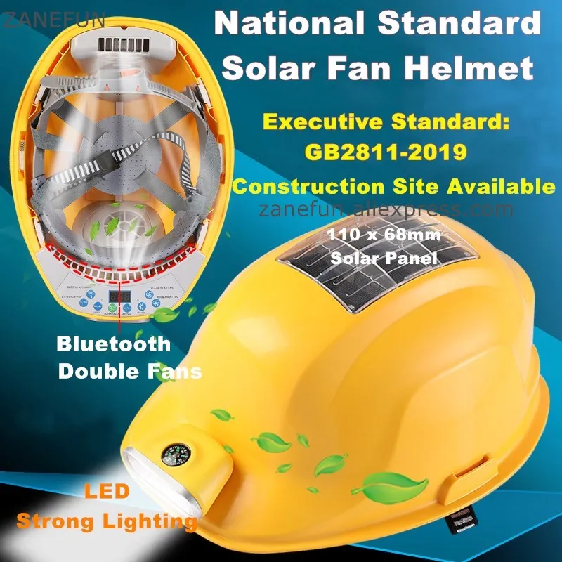 Solar-Safety-Helmet-With-2-Fans-Bluetooth-FM-LED-Headlight-8000mAh ...