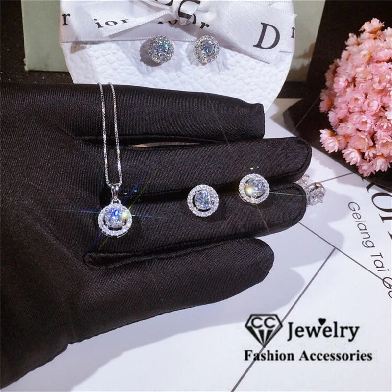 Cc 925 Silver Jewelry Sets For Women Necklaces Pendants Stud Earrings ...