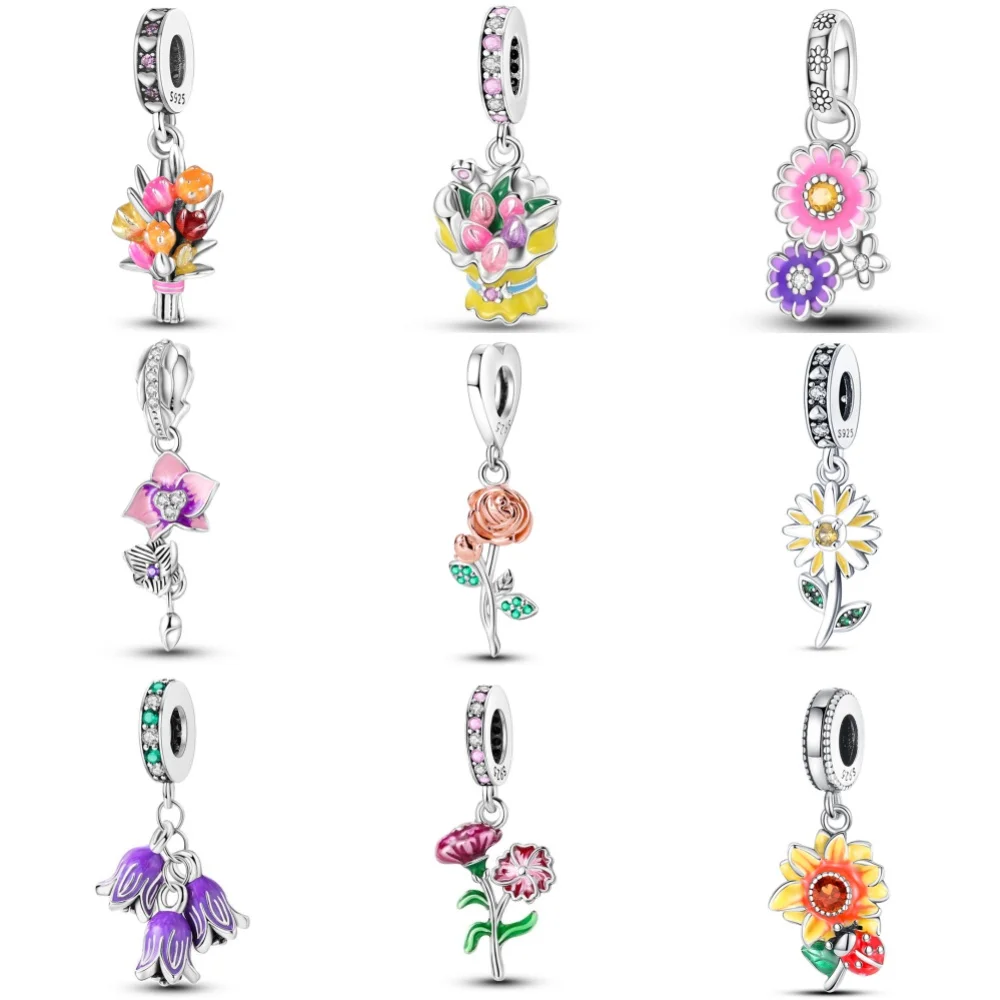 925-Sterling-Silver-Beautiful-Sunflower-Rose-Spring-Flowers-Charms ...