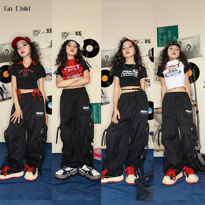Girls-Hip-Hop-Crop-Top-Pocket-Cargo-Pants-Clothes-Set-Kids-Polo-T-shirt ...