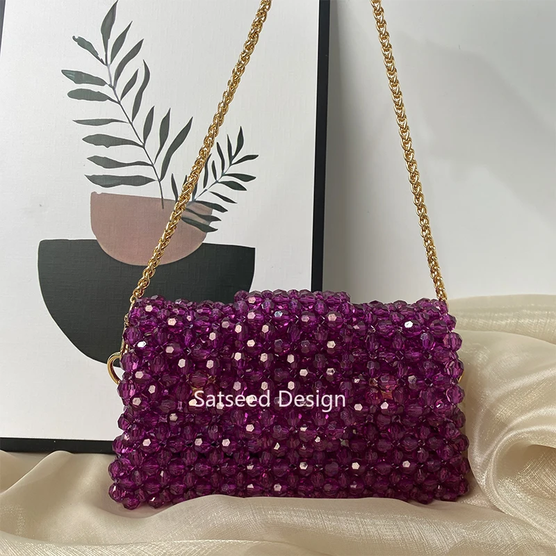 Bead Bag Purple Hand-woven Celebrity Shoulder Purses and Handbags ...