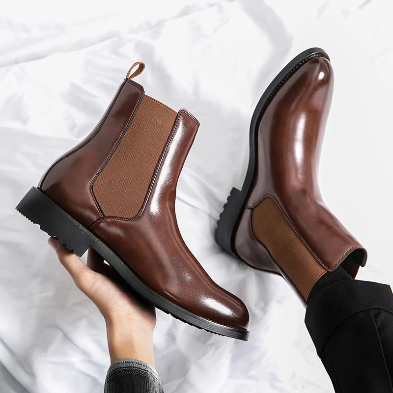 Botas-de-cuero-marr-n-con-suela-gruesa-para-hombre-Botines-Chelsea-de ...