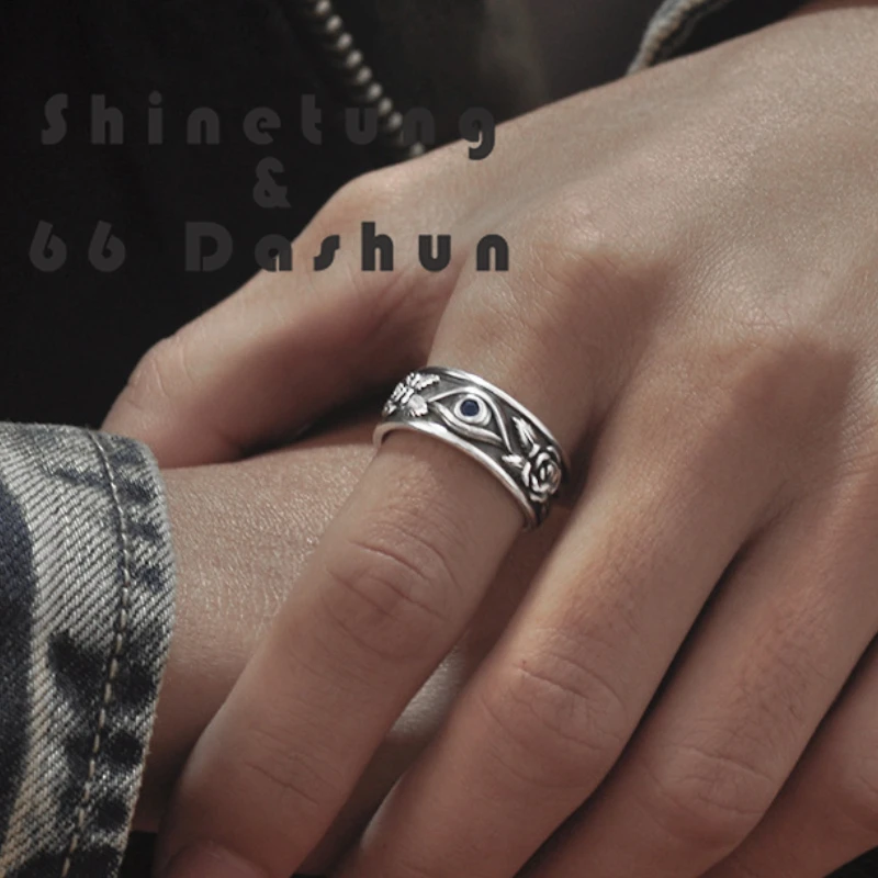 S925 Sterling Silver Retro Rose Pattern Devil Eye Ring Personality ...