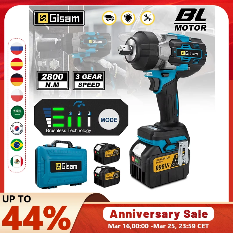 Gisam 2800N.M Brushless Electric Impact Wrench Cordless Electric Wrench ...