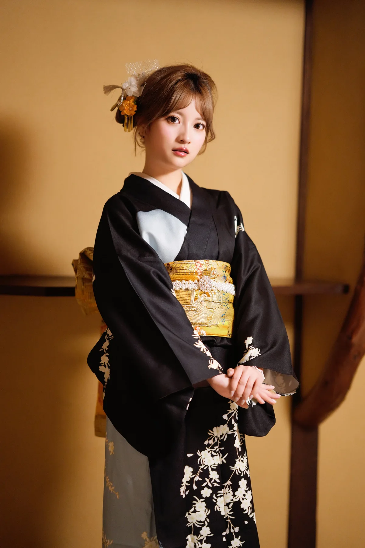 Women's Japan Style Traditional Kimono with Obi Black Color Floral ...