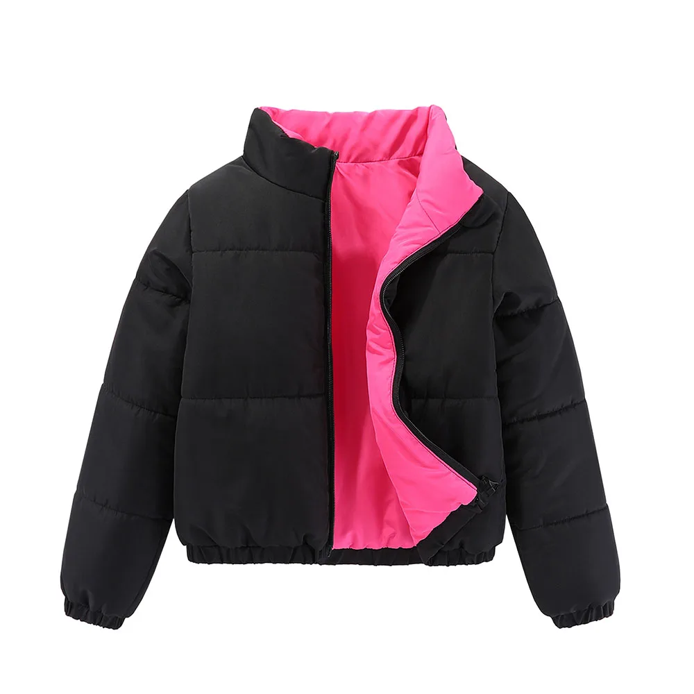 4-7T-Girls-Stand-Collar-Crop-Top-Coat-Zip-up-Black-Pink-Winter-Cotton ...