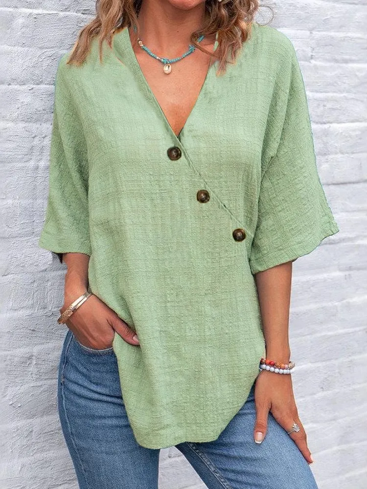 Women's Shirt Top V-neck Solid Casual Loose Shirt Summer Fashion V Neck ...