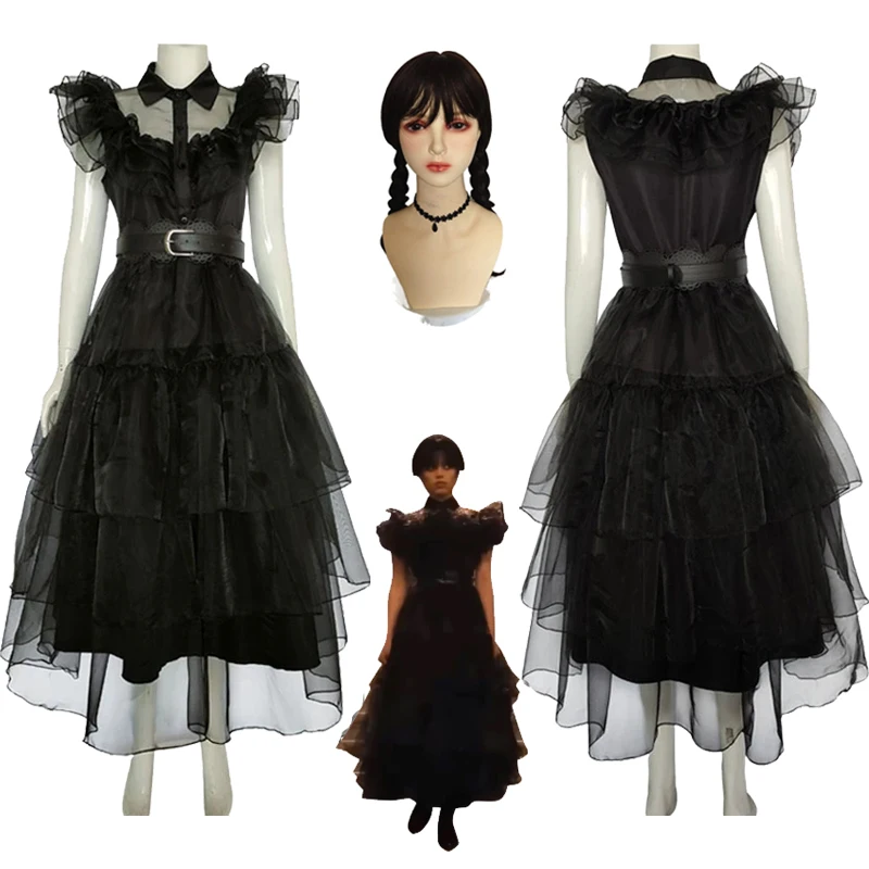 New-Wednesday-Addams-Cosplay-Costume-Kids-Adults-Black-Gothic-Dress ...