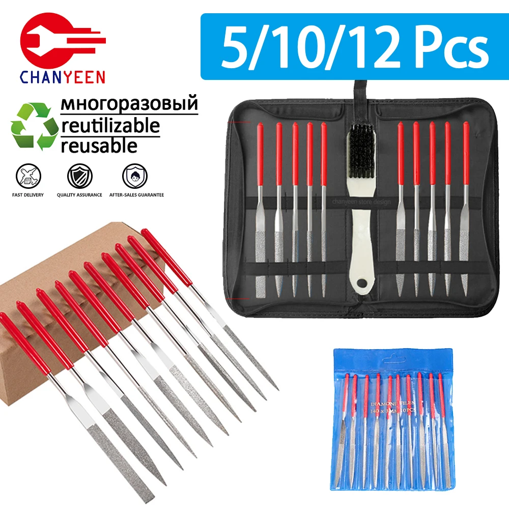 5-12Pcs-Diamond-File-Set-Plastic-Handle-Metal-Stone-Grinding-Flat ...