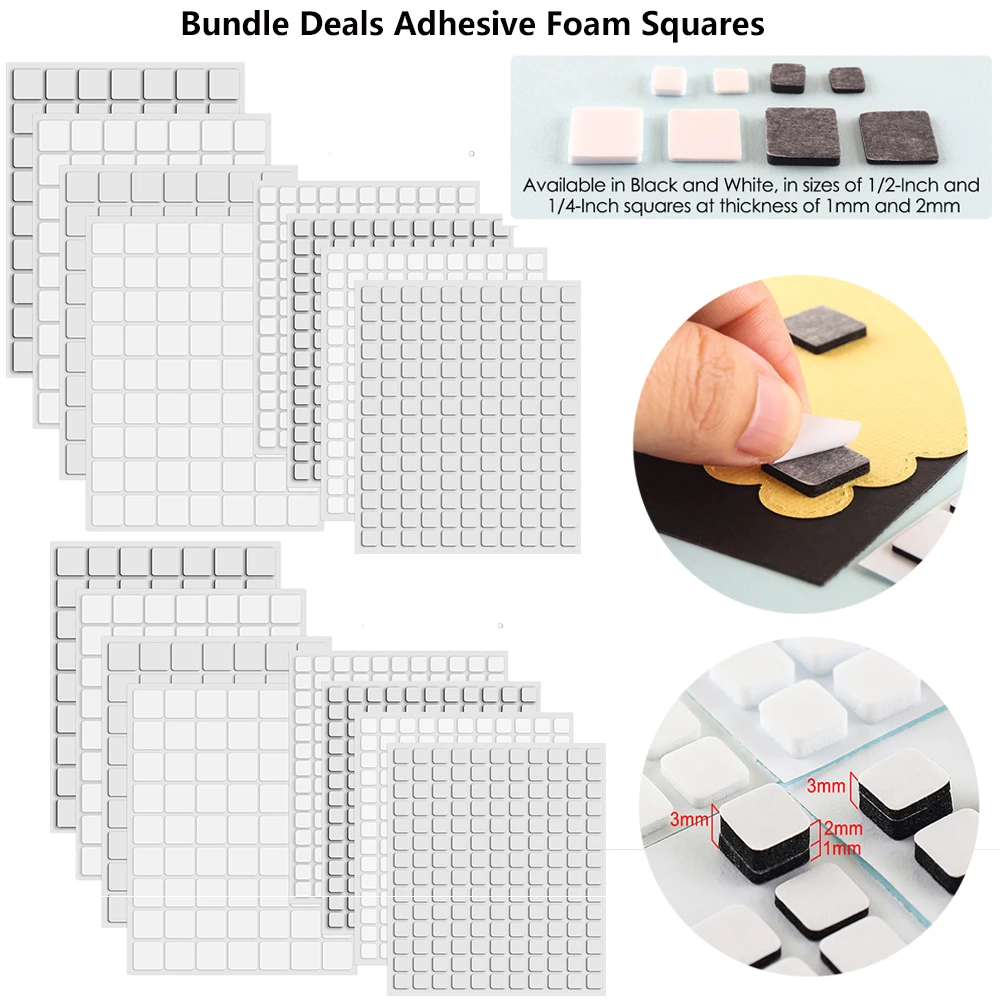 24-48 Sheets Black White 1mm 2mm 3D Double Sided Adhesive Foam Squares ...