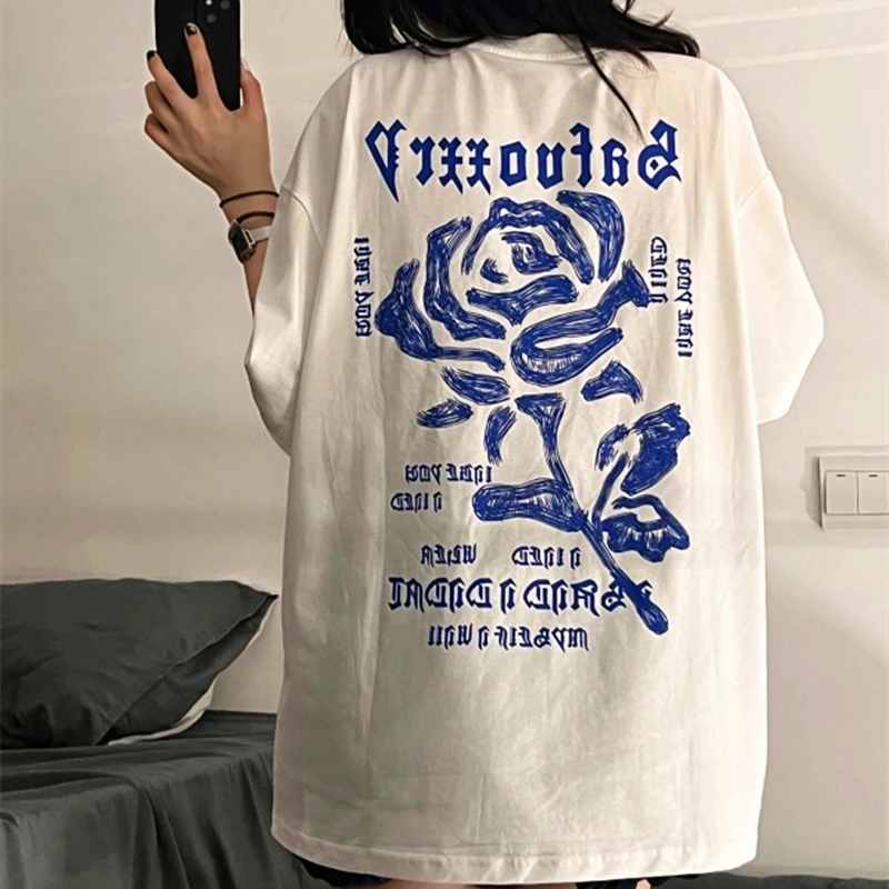 Summer-Hip-Hop-Streetwear-Rose-Graffiti-T-Shirts-High-Quality-Cotton ...