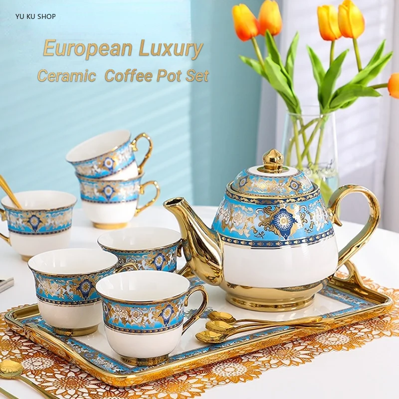 European-Tea-Pot-Set-Ceramic-Gold-Pattern-Teapot-Tea-Cup-Set-Tray-Gold ...