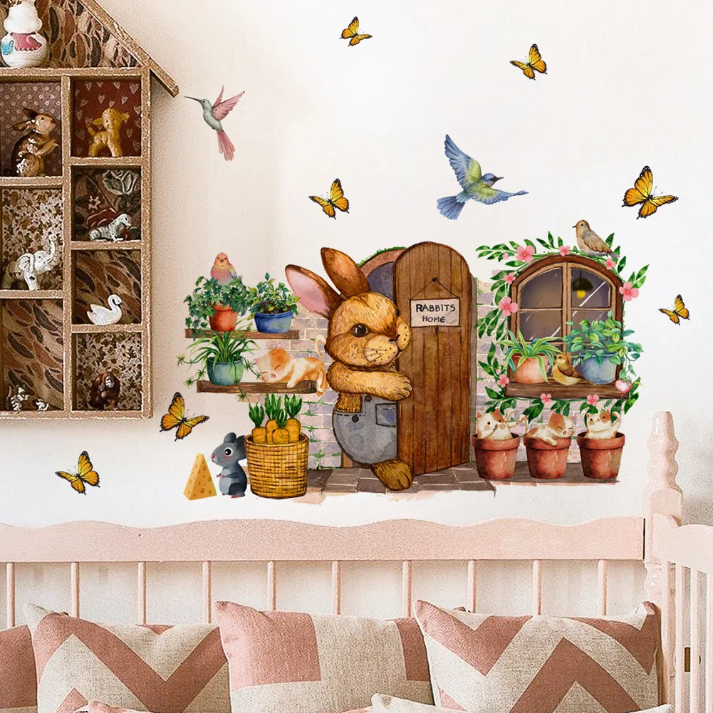 Cartoon-Bunny-s-Garden-Wall-Stickers-Bedroom-Kids-Room-Background ...
