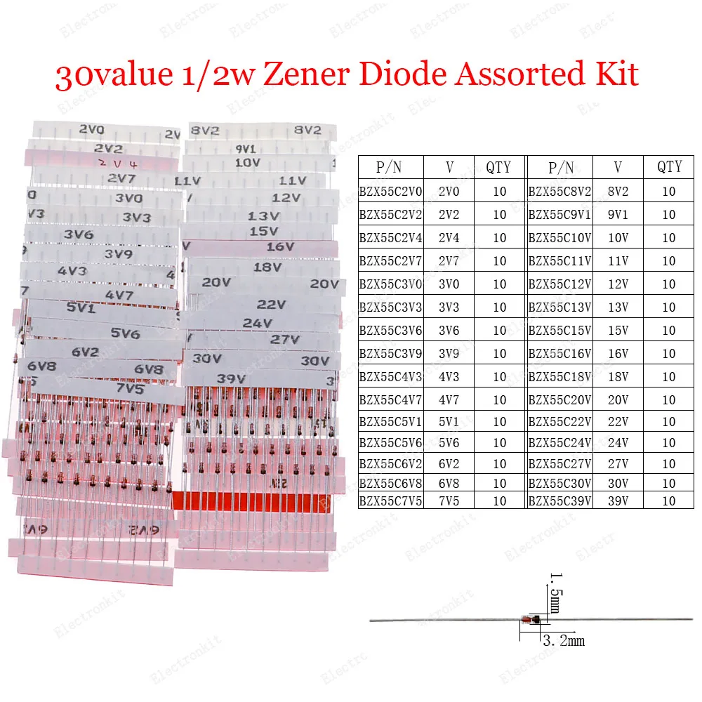 300pcs 30values 2v~39v Diode Kit 0.5w 1/2w Zener Voltage Regulator 39v 30v 27v 24v 22v 20v 18v ...