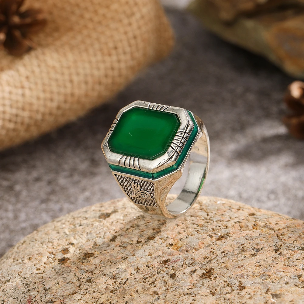 New-Green-Gem-Zinc-Alloy-Ring-For-Men-Fashion-Trend-Zircon-Geometric ...