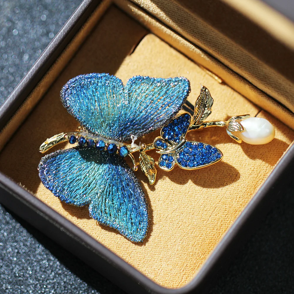 Women's Luxury Embroidered Fabric Butterfly Brooch Elegant Blue Insect ...