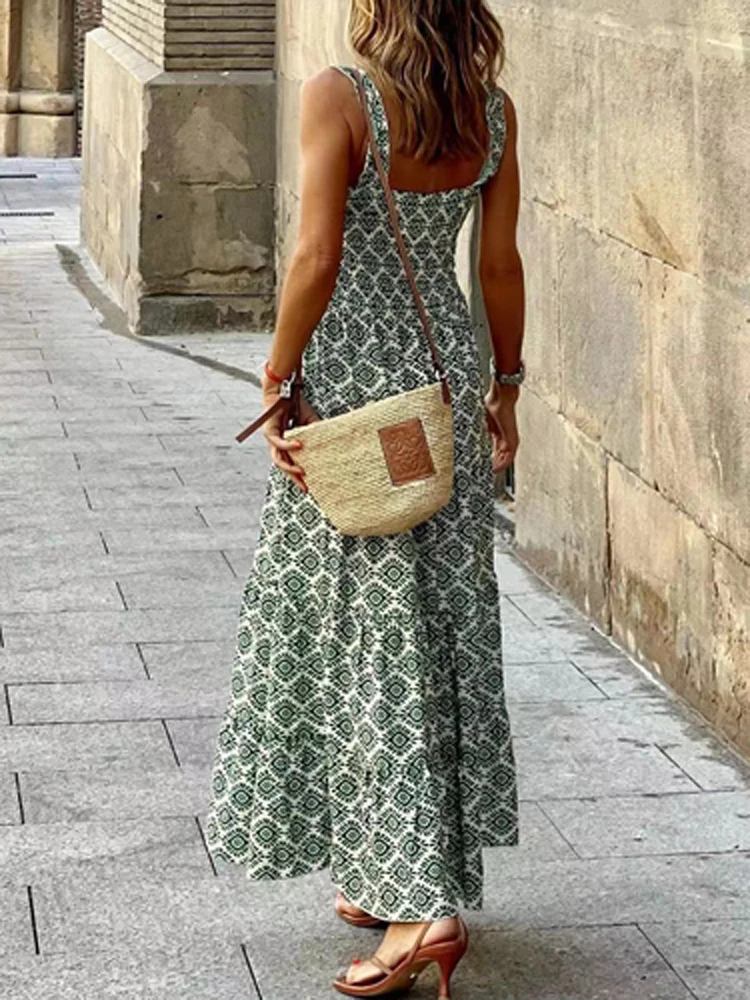 Elegant Casual Loose Vintage Striped Print Patchwork Maxi Dress