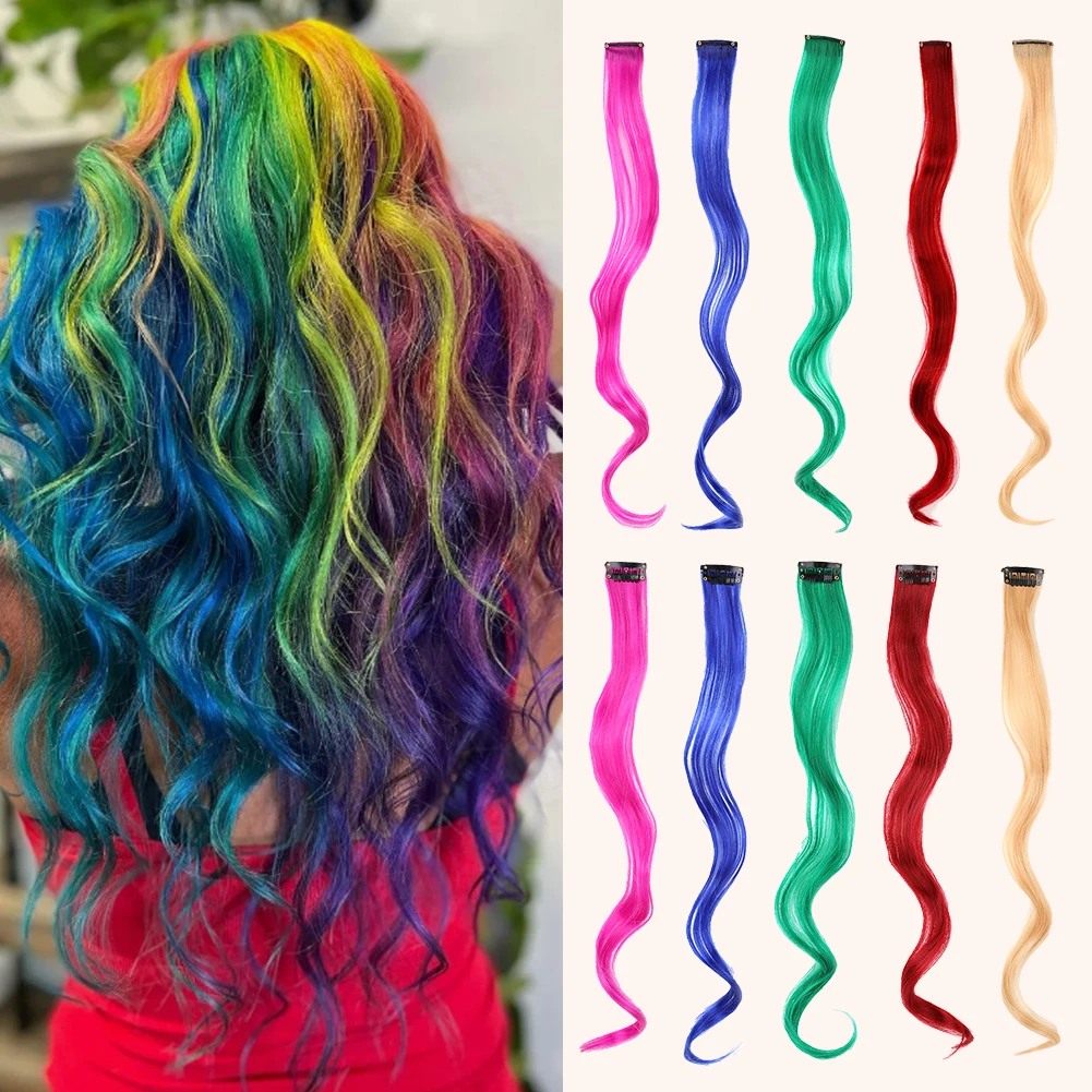 Colored-Hair-Extensions-Synthetic-Rainbow-Hairpiece-10Pcs-Pack-Clip-in ...