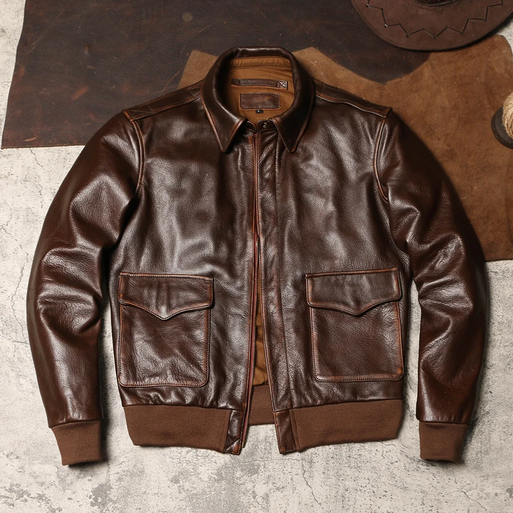 Army-Free-shipping-Men-quality-green-tea-core-cowhide-A2-jacket-Classic ...