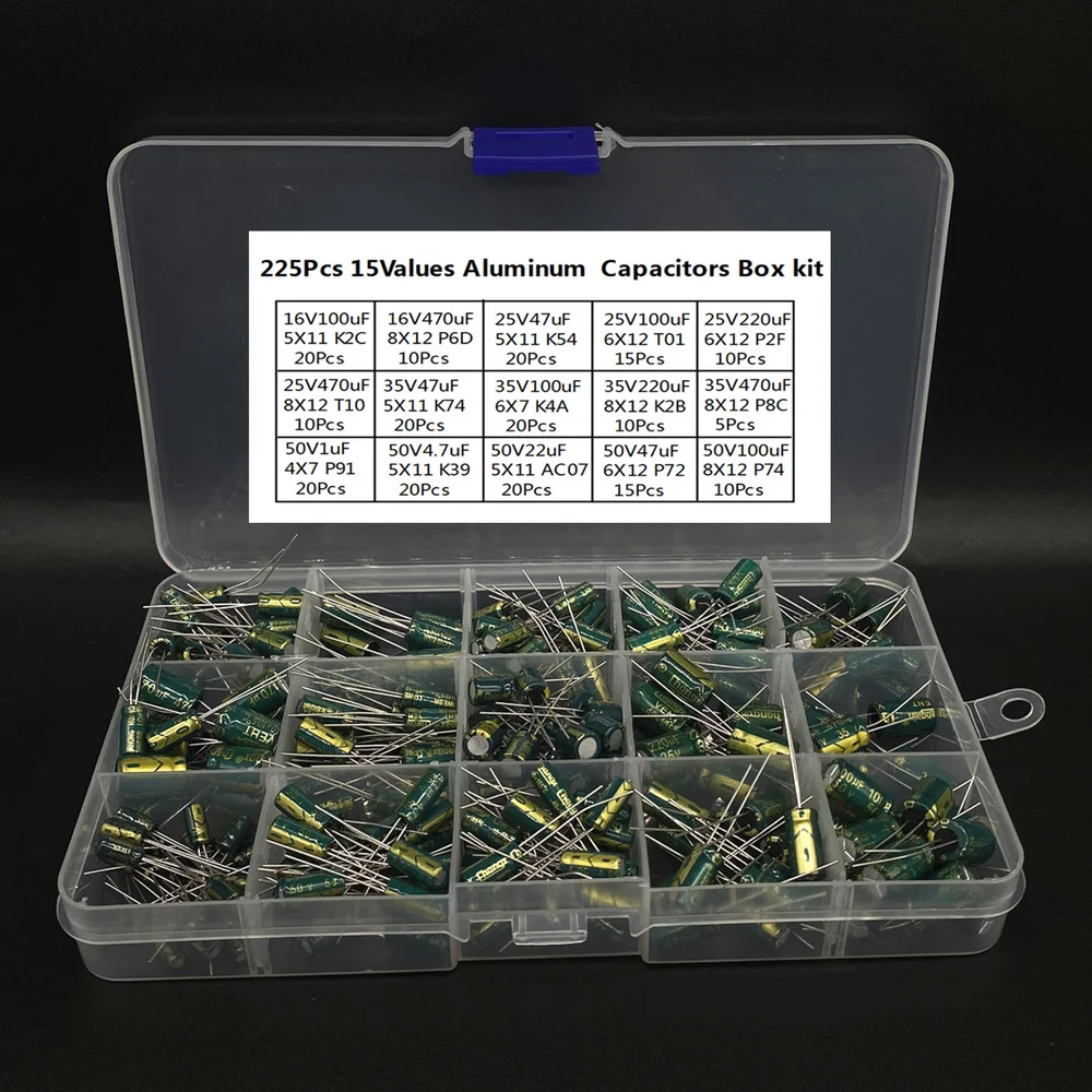 225Pcs-Box-Capacitor-Kit-Aluminum-Electrolytic-Capacitors-Set-15Values ...