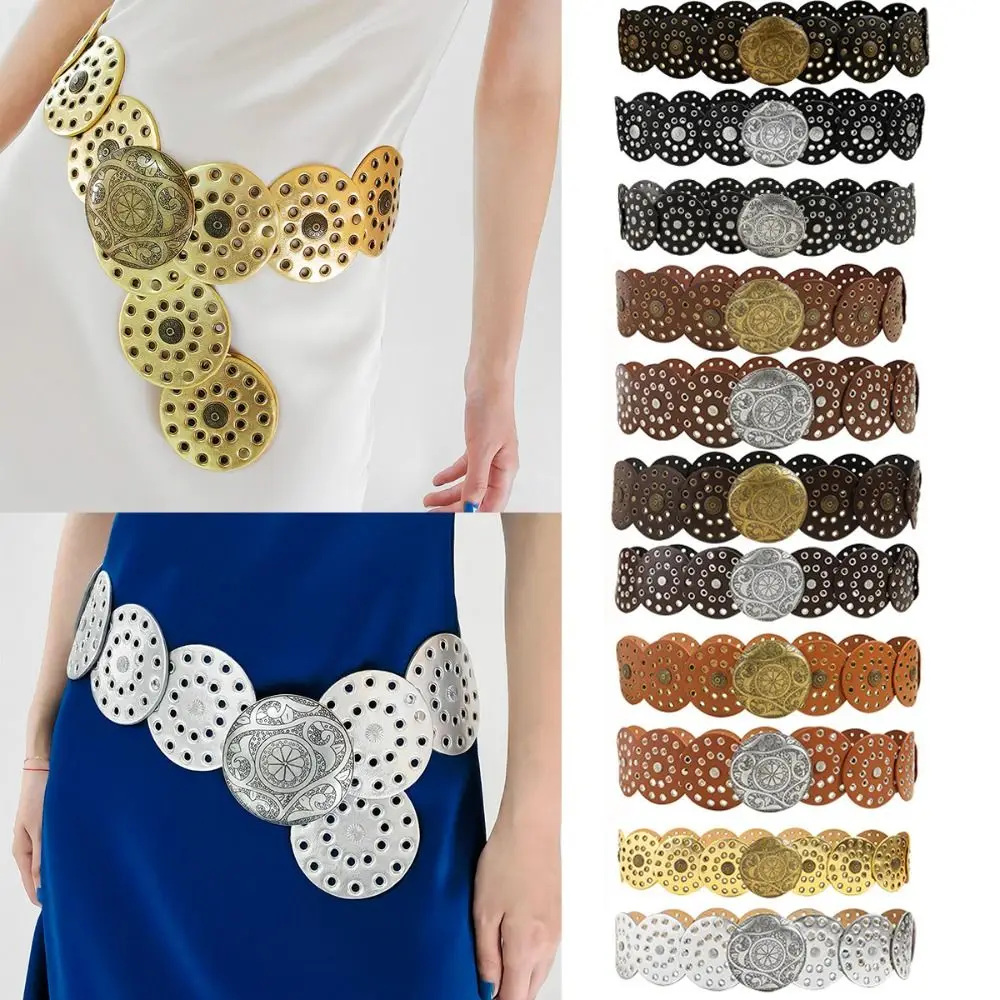 Round-Hollow-Belt-Vintage-Disc-Wide-Belts-Metal-Buckle-Cowboy-Western ...