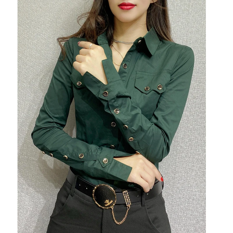2024-New-Fall-Winter-European-Clothes-Green-Shirts-Office-Lady-Pocket ...