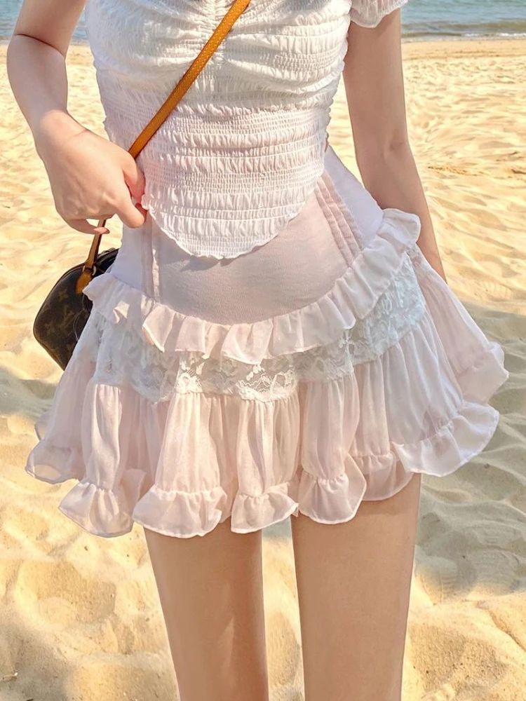 Pembe japon Kawaii tatlı Mini etek kadın dantel kore moda sevimli etek ...