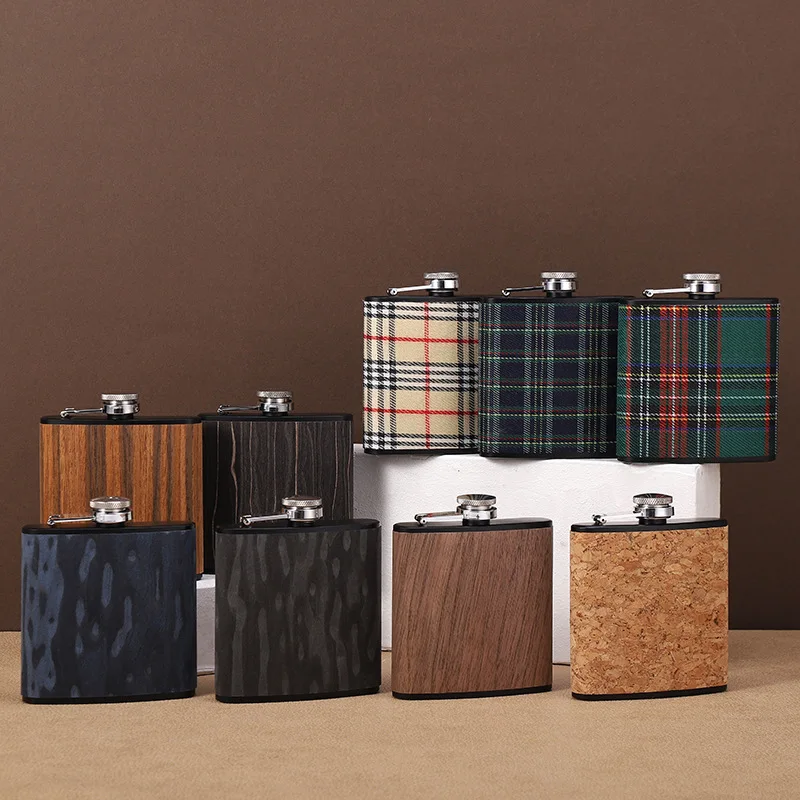 6oz Stainless Steel Wine Pot Luxury Wood Grain Leather Outdoor ...