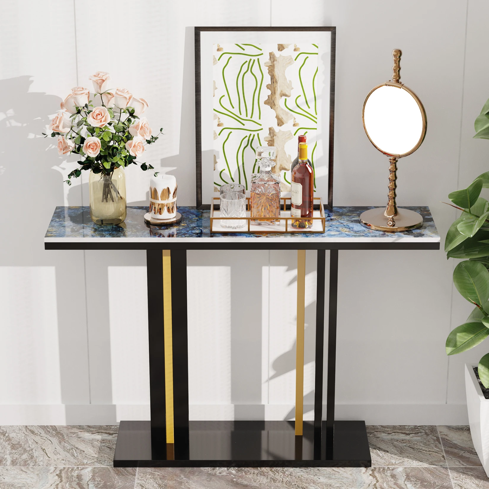 Contemporary-Style-Console-Table-with-Stone-Top-and-Pedestal-Base-for ...