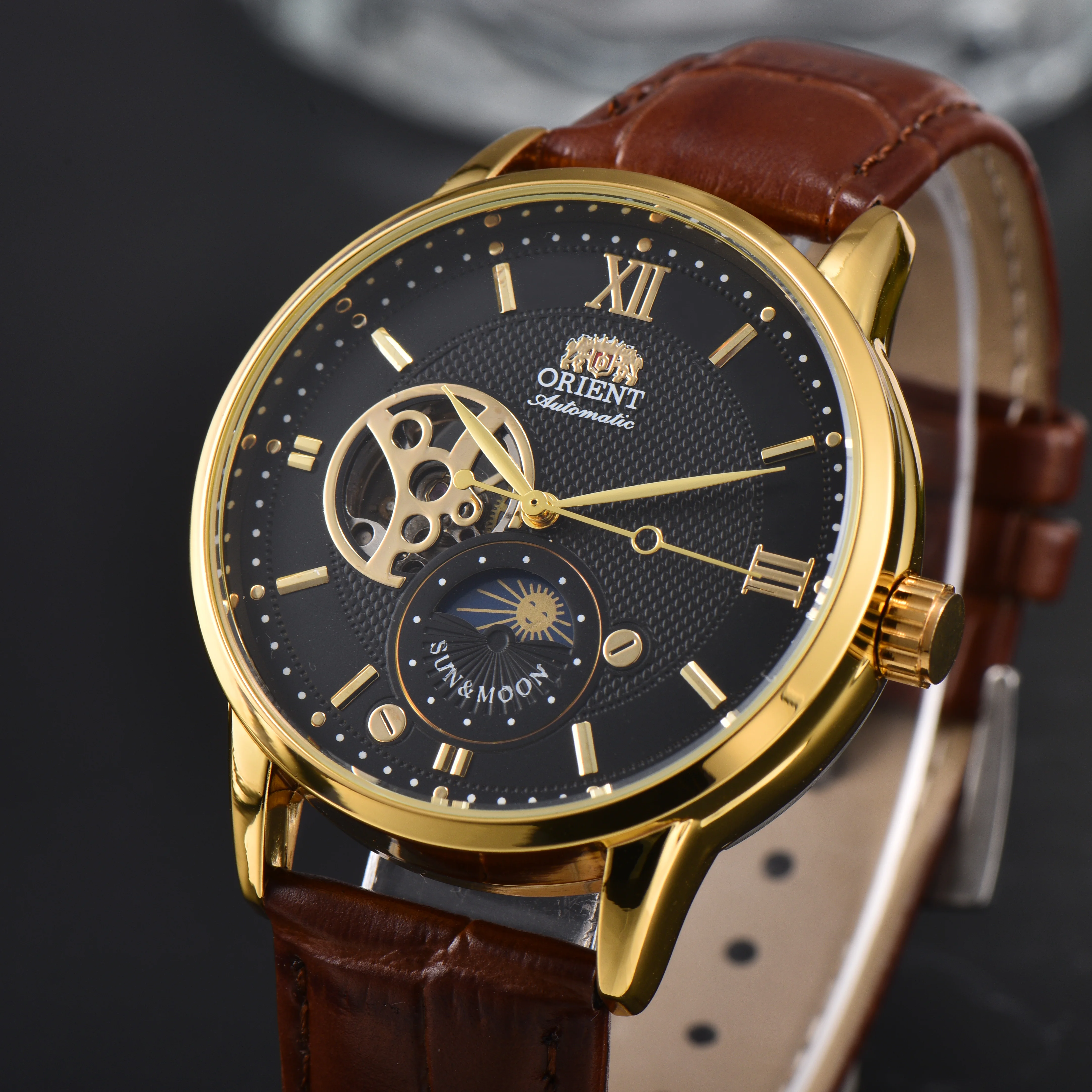 Orient Automatic Watch Men Sun & Moon Phase Skeleton Dial Gold Case ...