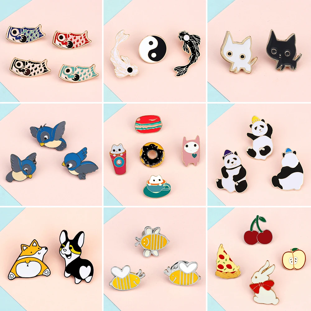 Animal Collection Enamel Pins 2~5pcs/set Custom Cartoon Fish Dog Panda Bee Bird Cat Rabbit ...
