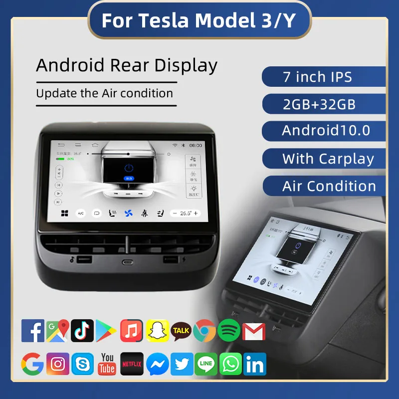 7 Inch IPS Screen Rear Panel Display for Tesla Model 3 Y Android Air ...