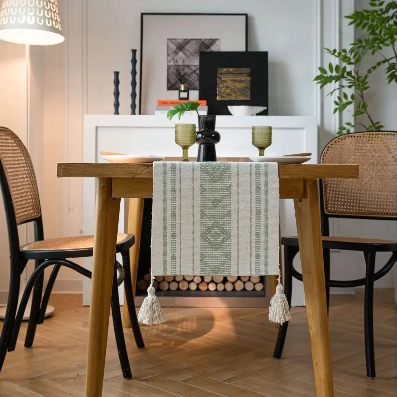 Japanese-Jacquard-Table-Runner-with-Tassel-Cotton-Thread-Geometric ...