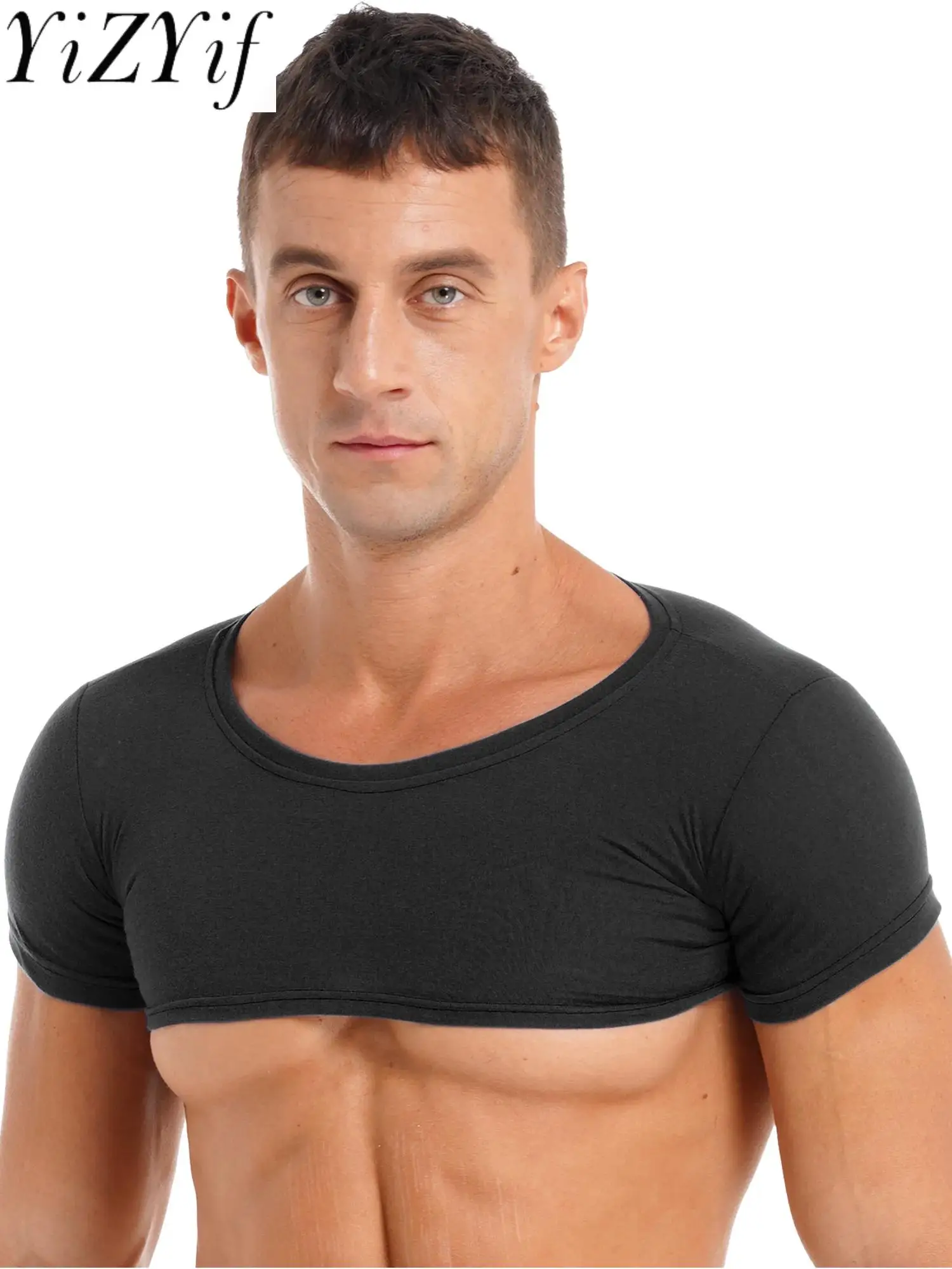 Mens-Casual-Solid-Color-Crop-Tops-Round-Neck-Short-Sleeve-T-Shirt-Gym ...