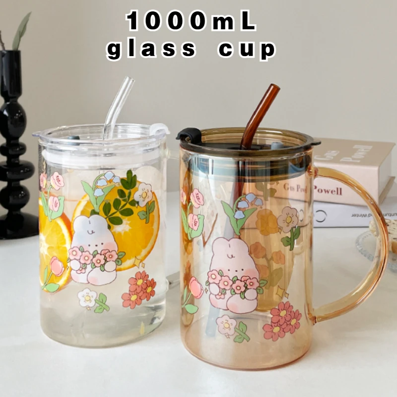 1000ml Cute Bunny Glass Cup With Lid Straw Kawaii Coffee Mugs Big Milk ...